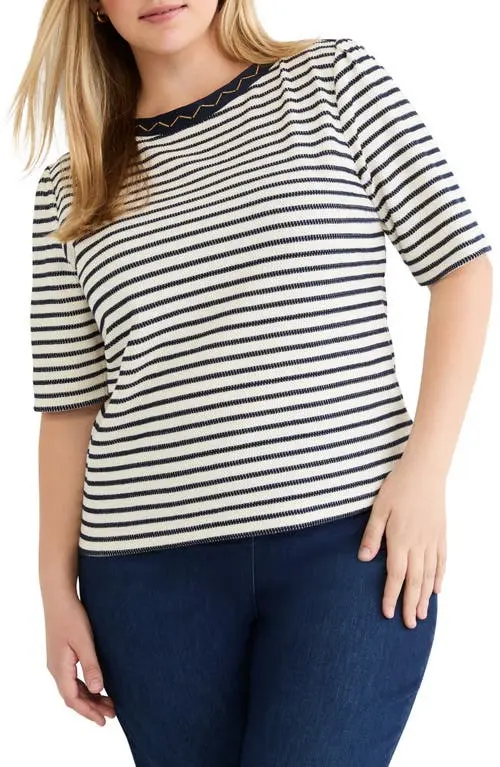 NIC+ZOE Embroidered Striped Boat Neck Shirt - Indigo Multi