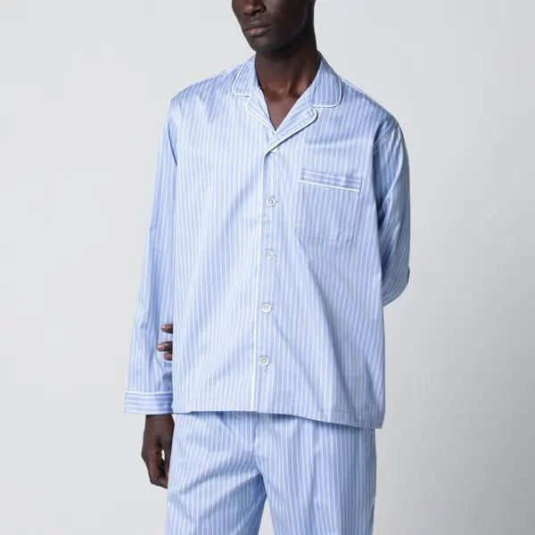 TEKLA Pajama Shirt With White Stripes - Light Blue