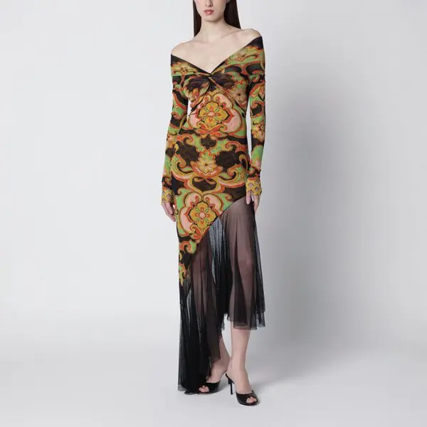 Etro Asymmetrical Midi Dress In Stretch Tulle With Traditional Floral Print - Yellow
