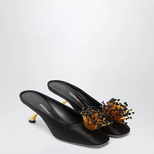 FERRAGAMO Mules With Sculptural Heel And Crystal Flower - Black