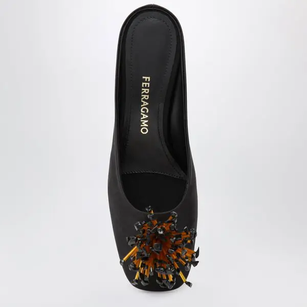 FERRAGAMO Mules With Sculptural Heel And Crystal Flower - Black