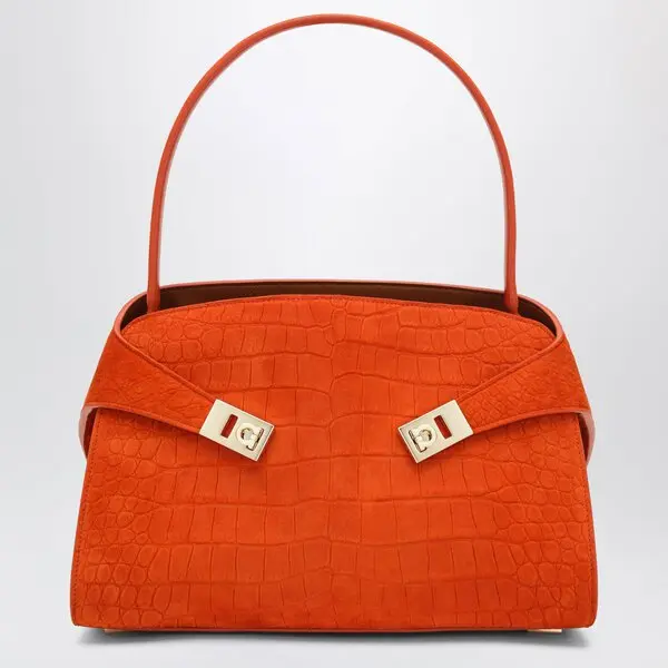FERRAGAMO Hug Soft Medium Top-handle Bag With Croc Effect - Orange