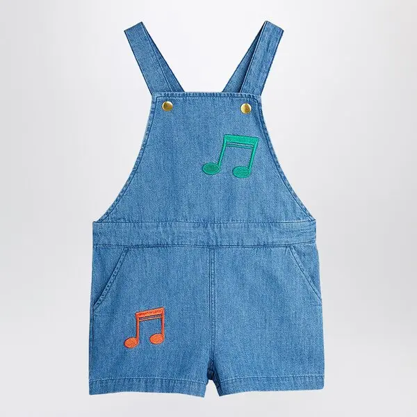 MINI RODINI Denim Overalls With Musical Notes Embroidery - Blue