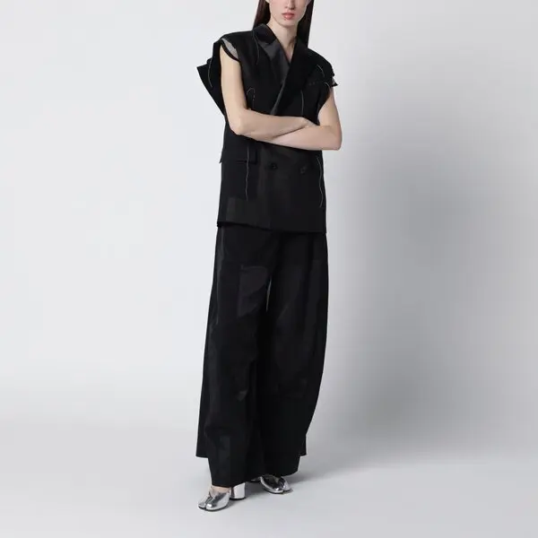 Sacai Wool-blend Organza Long Vest - Black