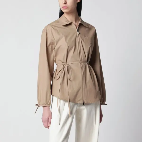 Moncler Zip-up Cotton Shirt Jacket With Belt - Beige