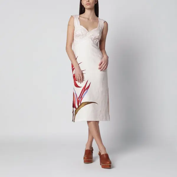 Farm Rio Linen Strelitzia Pattern Sleeveless Midi Dress - White