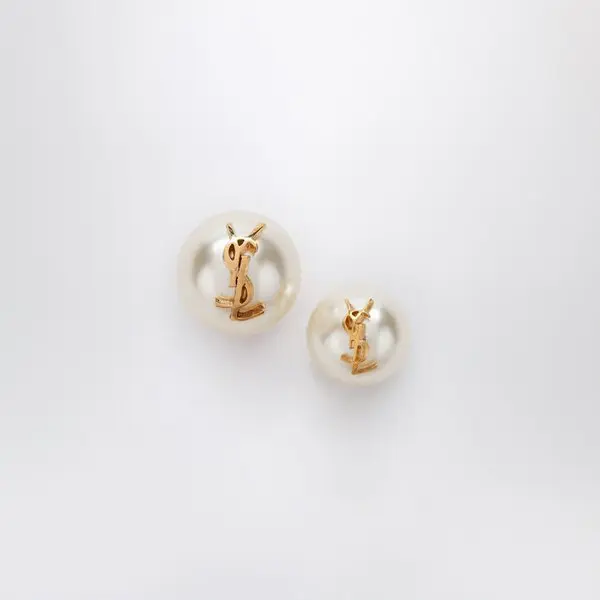 Saint Laurent Asymmetrical Pearl Earrings With Cassandre Logo - Metal