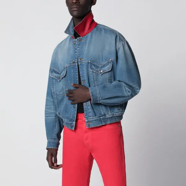 Versace Cotton Denim Jacket With Leather Details - Blue