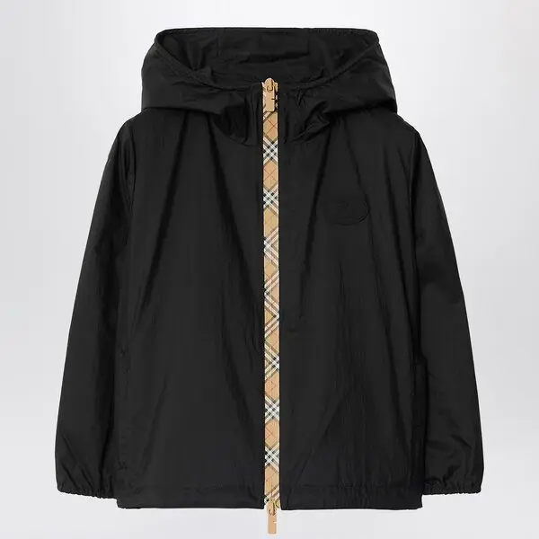 Burberry Nylon Zip-up Hooded Jacket With Check Pattern - Black