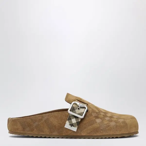 Burberry Urchin Suede Clogs With Check Pattern - Brown