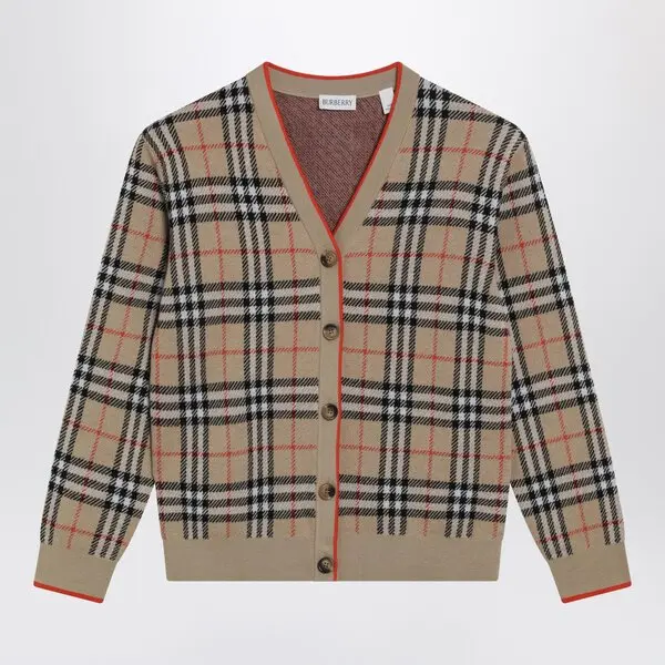 Burberry Wool Cardigan With Check Motif - Beige