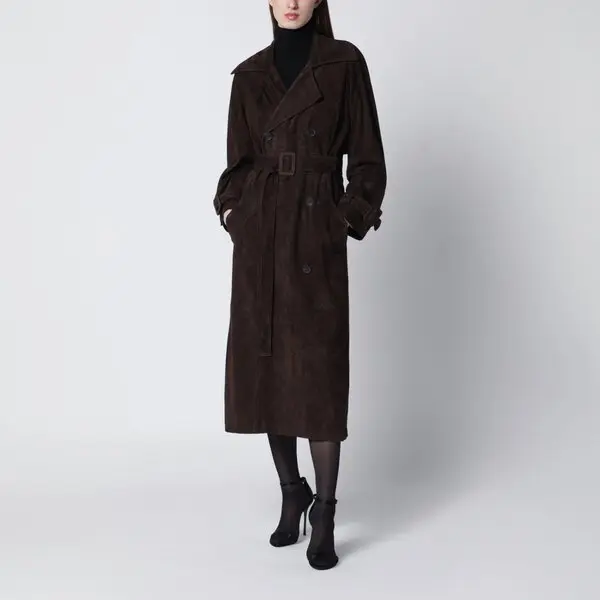 SWORD 6644 Double-breasted Suede Trench Coat - Brown