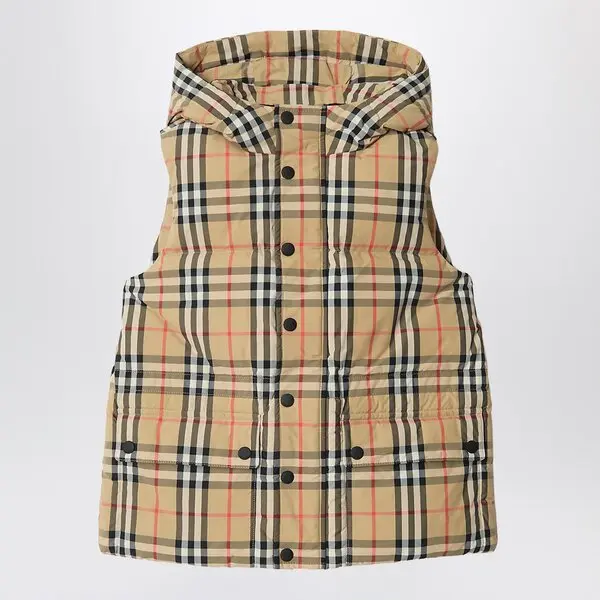 Burberry Nylon Down Jacket With Check Motif - Beige