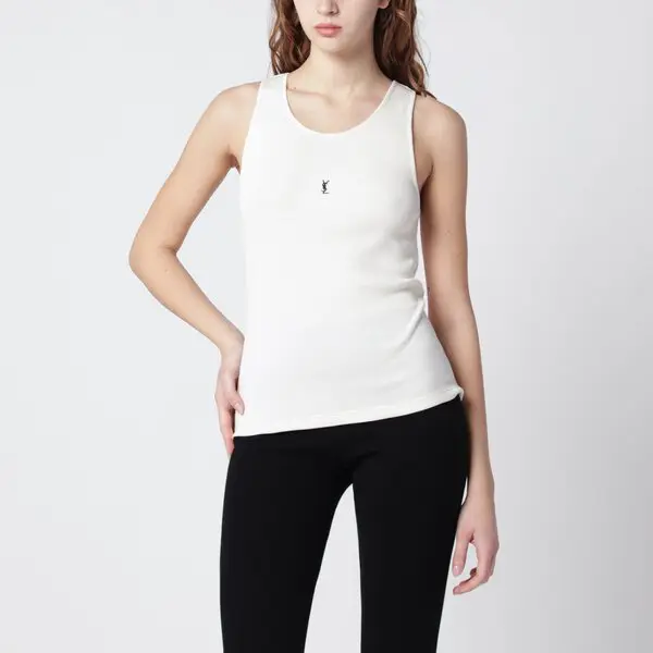 Saint Laurent Black Ribbed Tank Top With Logo - White