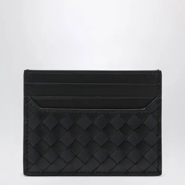 Bottega Veneta Woven Leather Card Holder In Black And Blue - Multicolor