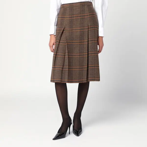 Saint Laurent Prince Of Wales Wool Midi Skirt - Brown