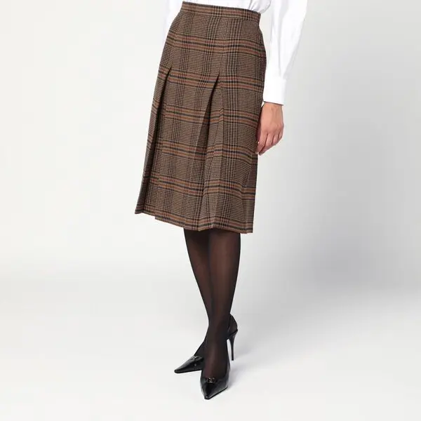 Saint Laurent Prince Of Wales Wool Midi Skirt - Brown