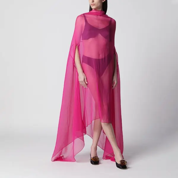Dries Van Noten Wide Cape Sheer Silk Dress - Pink
