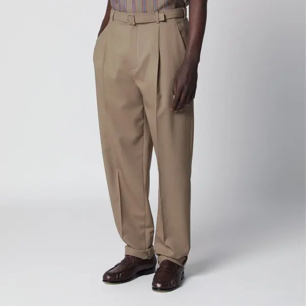 Saint Laurent High-waisted Tailored Wool Trousers With Belt - Beige