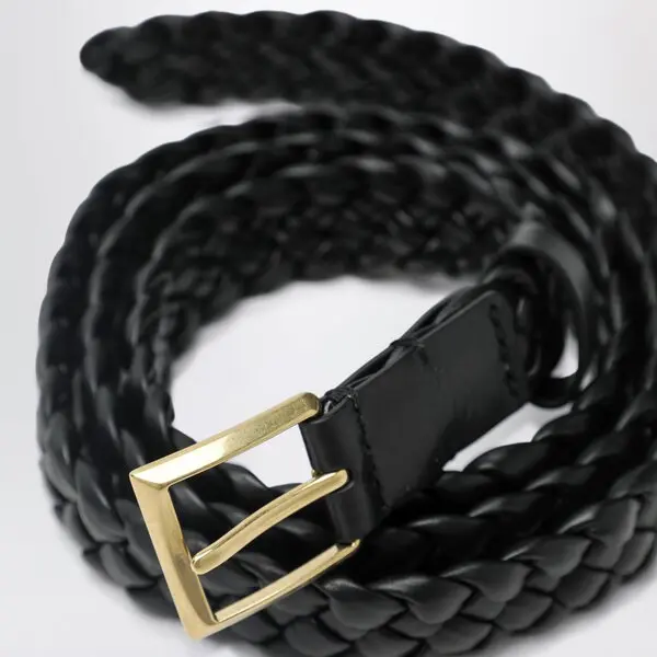 Bottega Veneta Intreccio Calfskin Leather Belt With Metal Buckle - Black