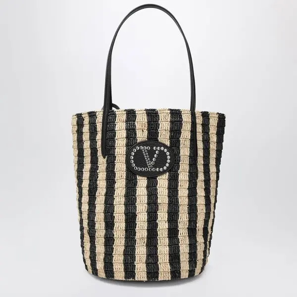 Valentino Garavani Striped Raffia And Leather Shoulder Bag - Beige