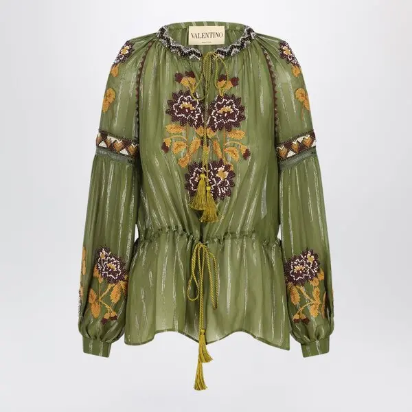 Valentino Garavani Embroidered Lurex Silk Shirt - Green