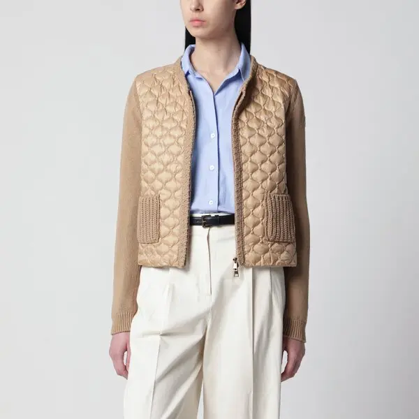 Moncler Hybrid Knit And Padded Nylon Cardigan - Beige