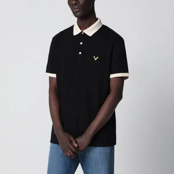 Valentino Garavani Cotton Piqué Polo Shirt With Vgold - Black