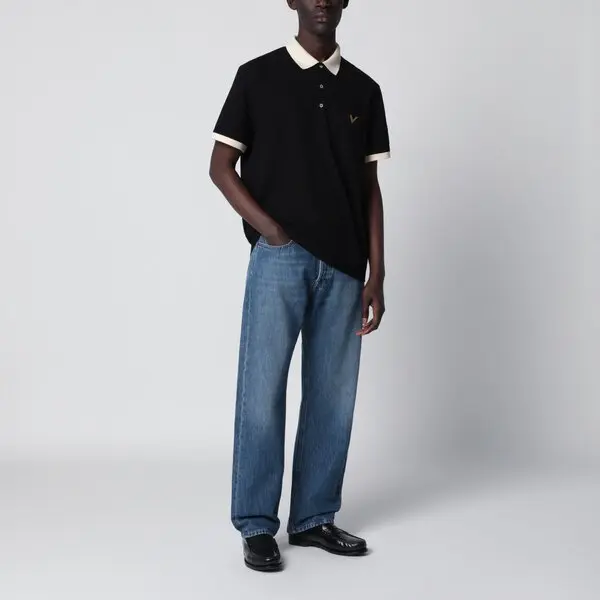 Valentino Garavani Cotton Piqué Polo Shirt With Vgold - Black