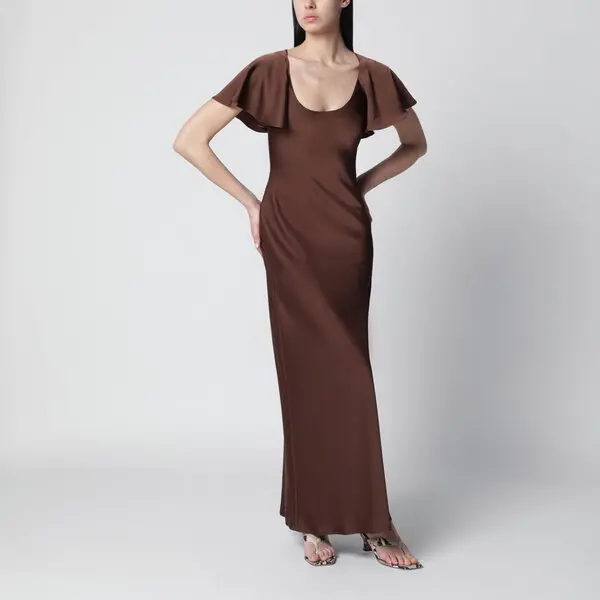 ROTATE BY BIRGER CHRISTENSEN Long Satin Dress With Flutter Sleeves - Brown