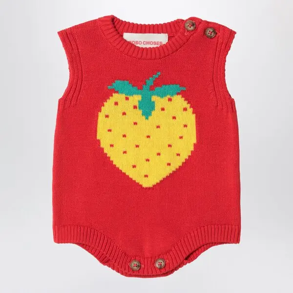 BOBO CHOSES Strawberry Intarsia Romper - Red