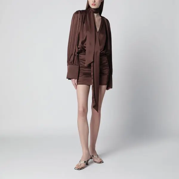 ROTATE BY BIRGER CHRISTENSEN Short Chiffon Dress With Deep V-neck And Bow - Brown