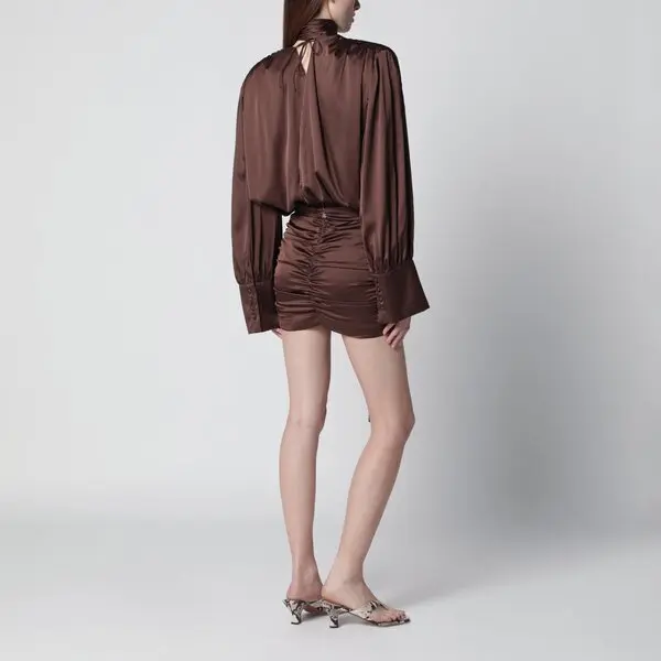 ROTATE BY BIRGER CHRISTENSEN Short Chiffon Dress With Deep V-neck And Bow - Brown