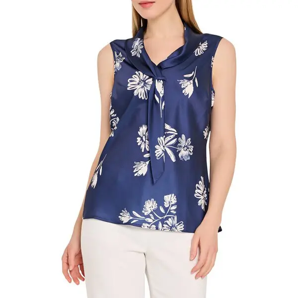 TAHARI ASL Floral Sailor Tie Sleeveless Top - Navy Ivory