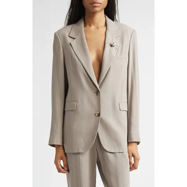 GOLDEN GOOSE Journey Pinstripe Wool Blend Blazer With Lapel Pin - Roasted Cashew