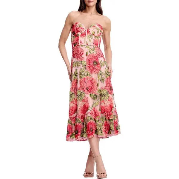 Dress The Population Carina Floral Embroidered Strapless Cocktail Dress - Peach Multi