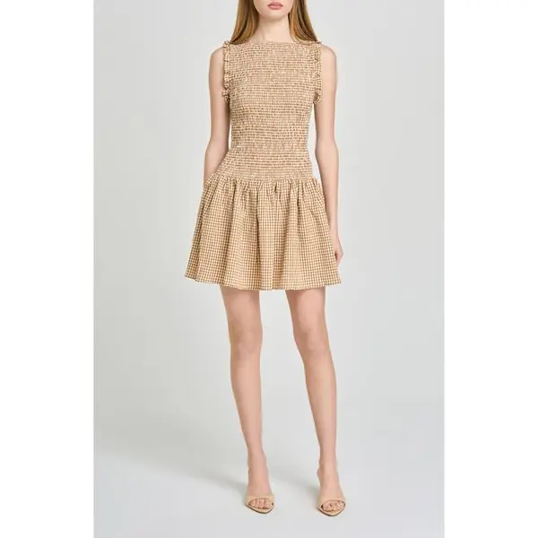 WAYF Esme Gingham Smocked Bodice Mini Dress - Tan