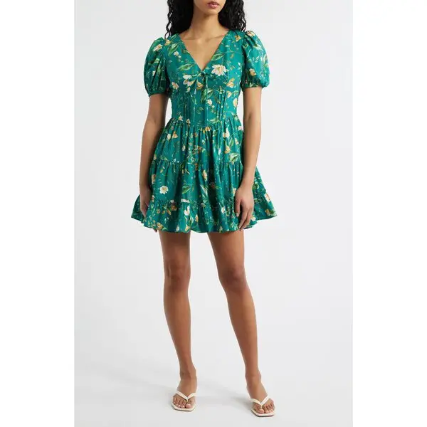 Moon River Floral Pintuck Puff Sleeve Cotton Fit & Flare Sundress - Green Multi