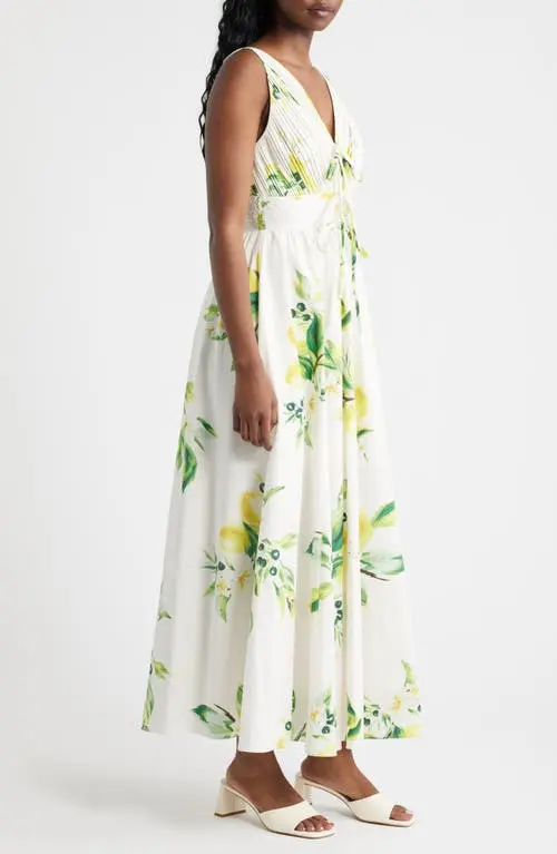 Moon River Plissé Tie Front Cotton Maxi Dress - White Multi