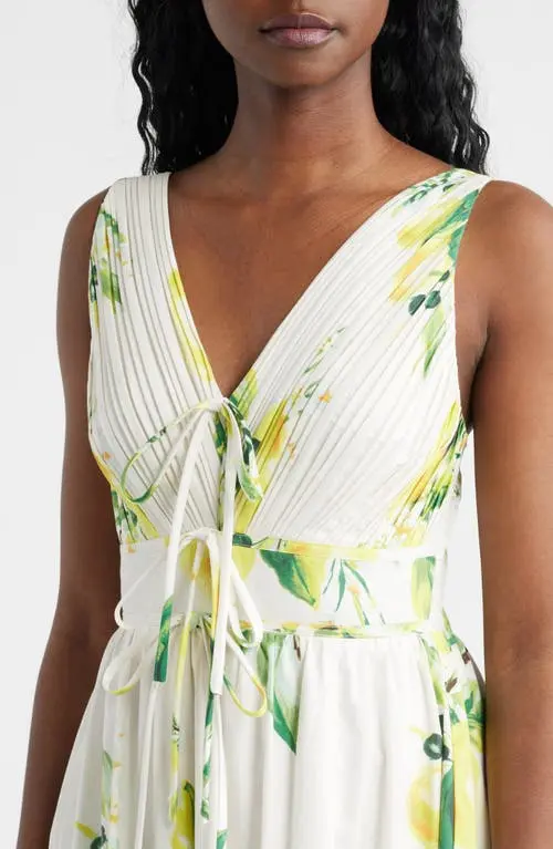 Moon River Plissé Tie Front Cotton Maxi Dress - White Multi