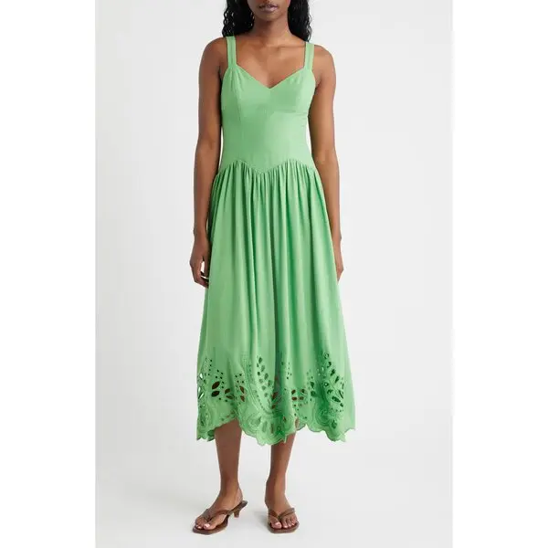 Moon River Eyelet Cotton & Linen Sundress - Green