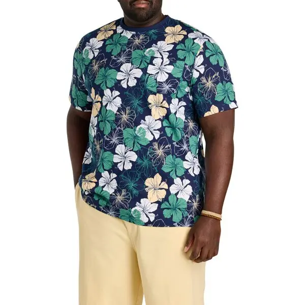 HARBOR BAY BY DXL Big & Tall Moisture-wicking Floral Print Pocket T-shirt - Peacoat Multi