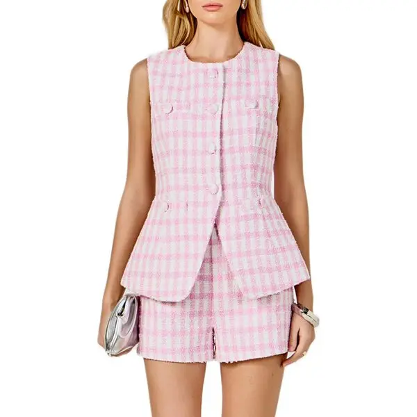 Endless Rose Tweed Peplum Vest - Pink/white