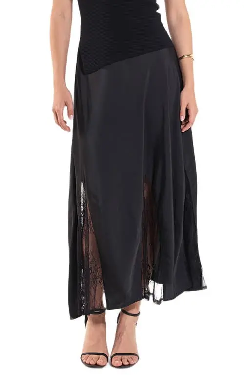Endless Rose Lace Trim Satin Midi Skirt - Black