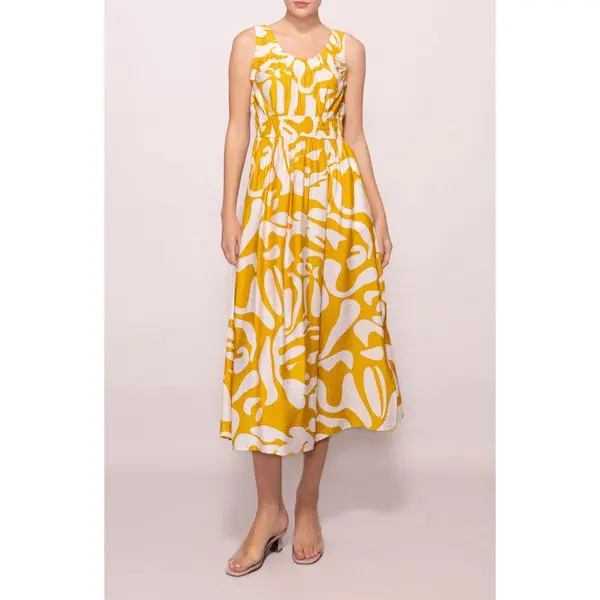 MELLODAY Abstract Print Midi Dress - Ivory/yellow