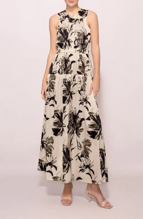 MELLODAY Floral Print Sleeveless Maxi Dress - White Black Floral