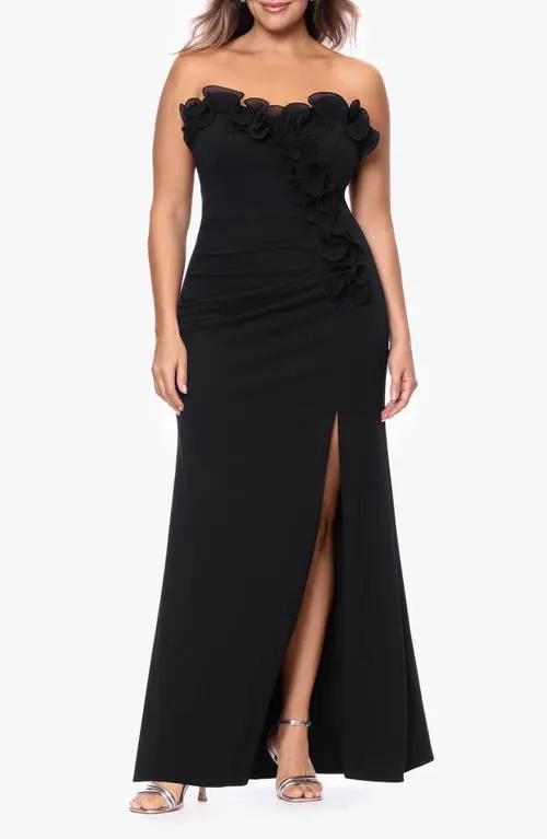 XSCAPE EVENINGS Pleat Ruffle Strapless Scuba Gown - Black