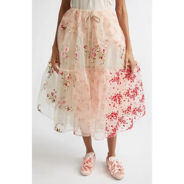 Simone Rocha Patchwork Floral Sheer Organza Midi Skirt - Beige Patchwork/taupe