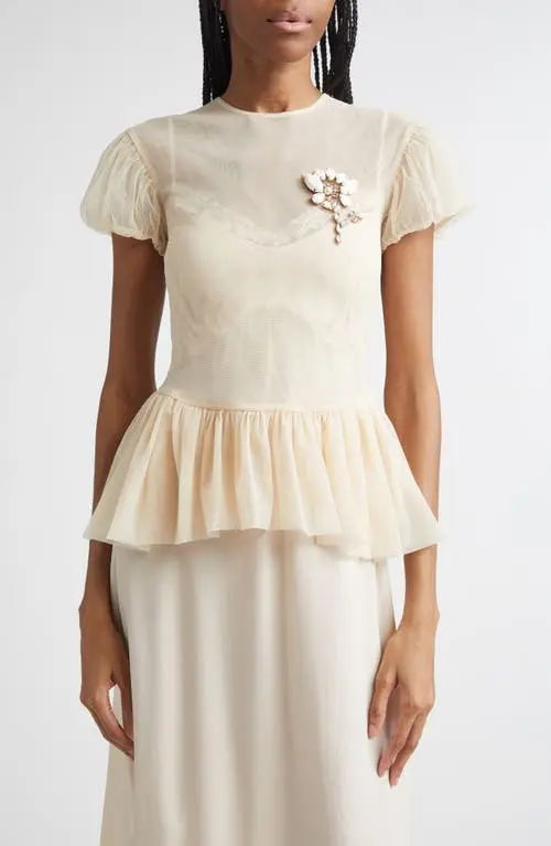 Simone Rocha Floral Embellished Tulle Peplum Top - Beige/opaque Multi
