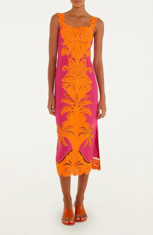 Farm Rio Cutwork Detail Linen Dress - Pink And Orange
